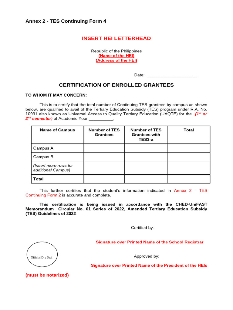 TES Grantees Certification Form | PDF | Educational Stages