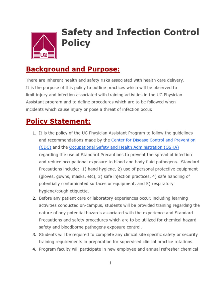PA Policy Safety and Infection Control | PDF | Medical Specialties ...