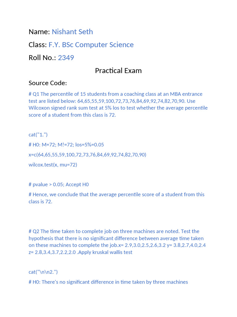 Nishant Seth F.Y. BSC Computer Science 2349: Name: Class: Roll No.: Practical Exam | PDF