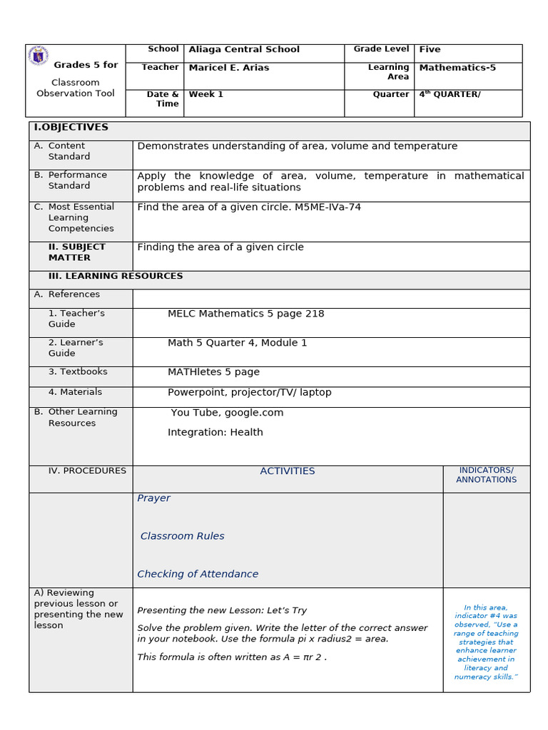 Math 5 Q4 w1 - Finding The Area of A Given Circle-F | PDF | Lesson Plan | Learning