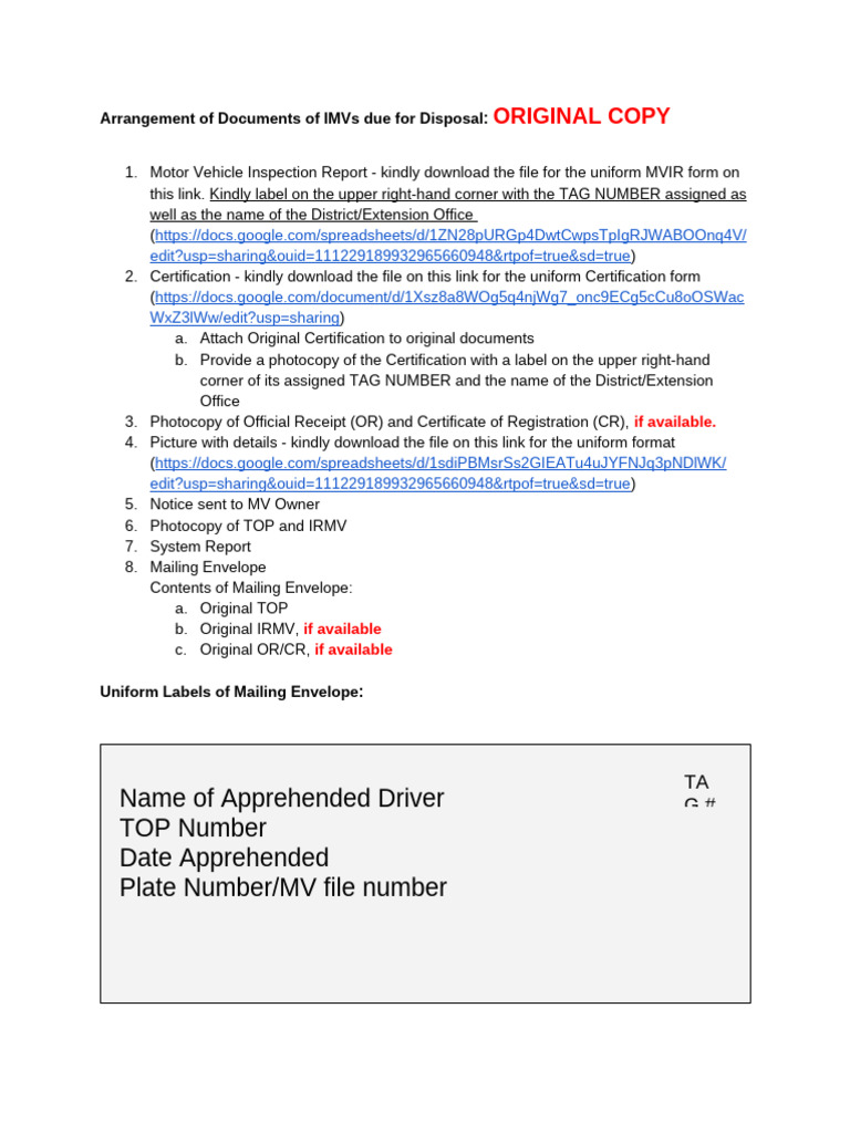 0-Arrangement of Documents of IMVs Due For Disposal | PDF