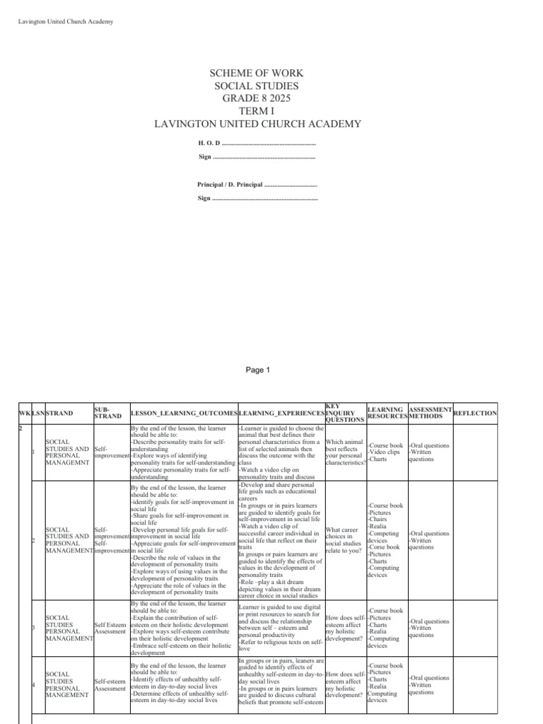 Grade 8 Social Studies Scheme 2025 | PDF | Self Esteem | Learning
