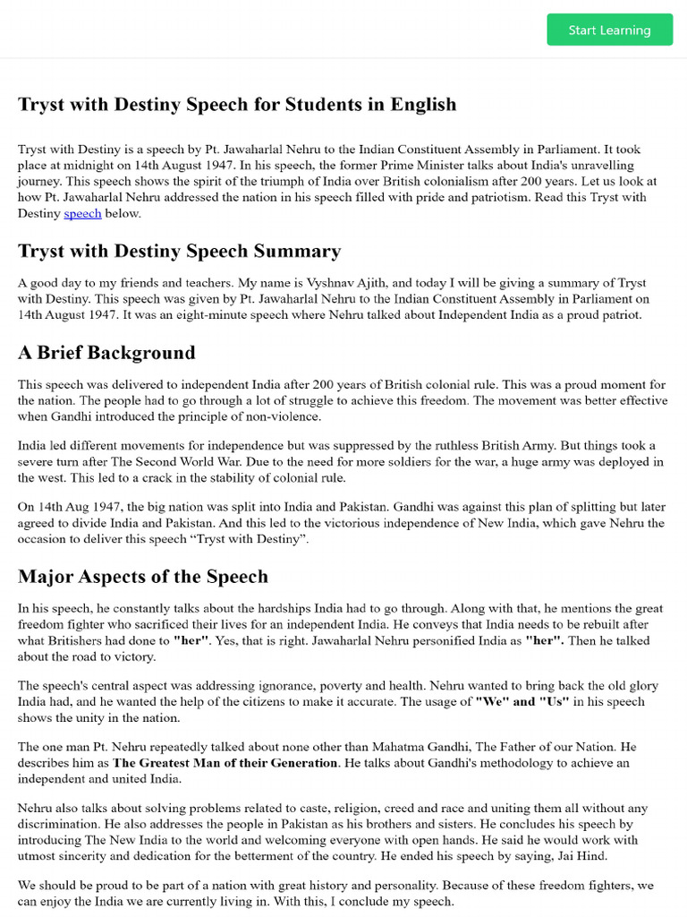 Tryst With Destiny Speech For Students and Children in English | PDF