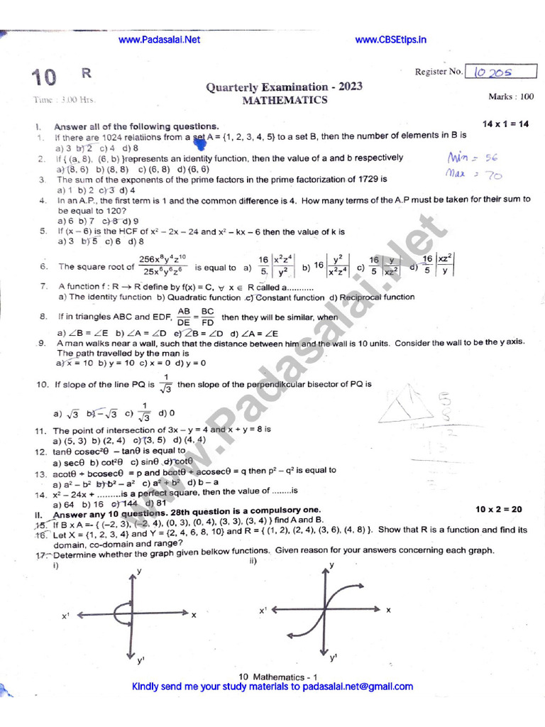 10th Maths EM - Quarterly Exam All Question Papers Answer Keys | PDF