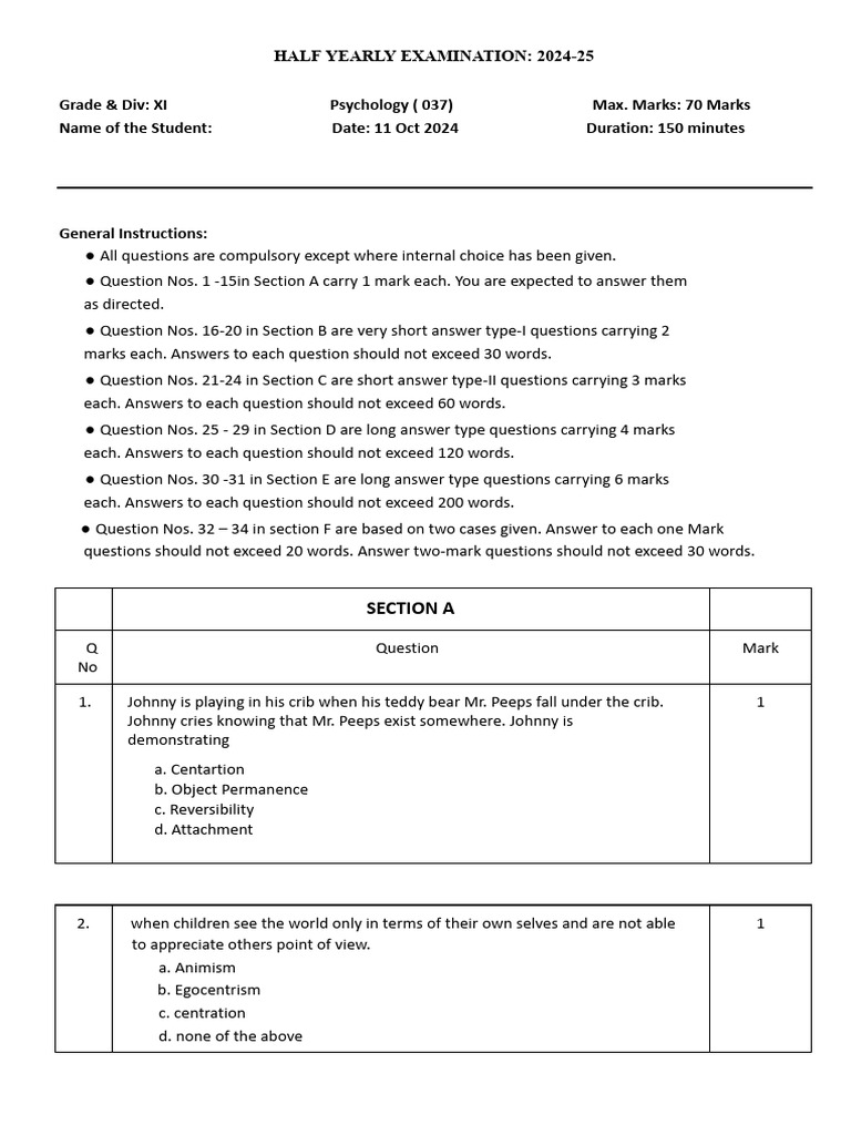 Grade 11 Half Yearly Examination Psychology 2024-25 | PDF | Experiment | Perception