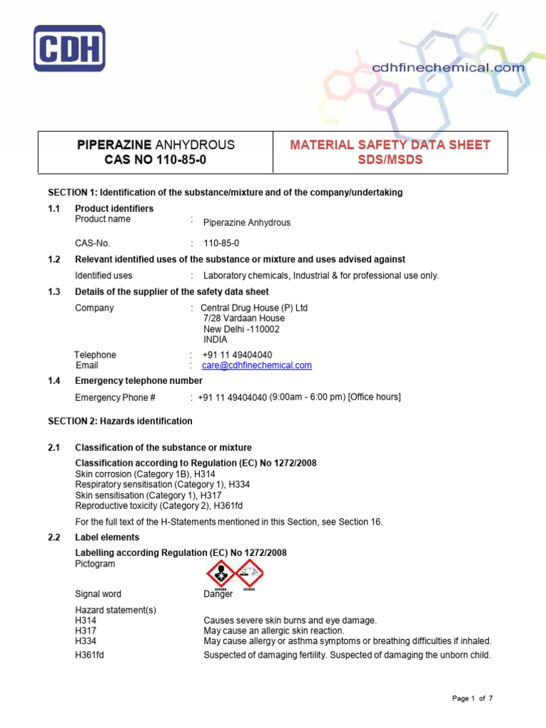 Piperazine Anhydrous SDS (CAS 110-85-0) | PDF | Occupational Safety And ...