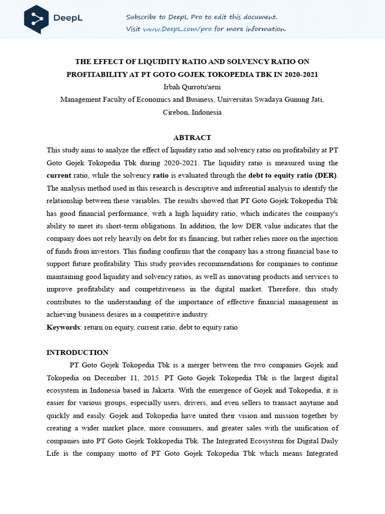 The Effect of Liquidity Ratio and Solvency Ratio On Profitability at PT ...