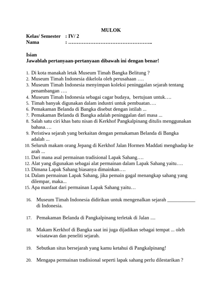Soal STS Mulok Sem Ii Kelas 4 | PDF