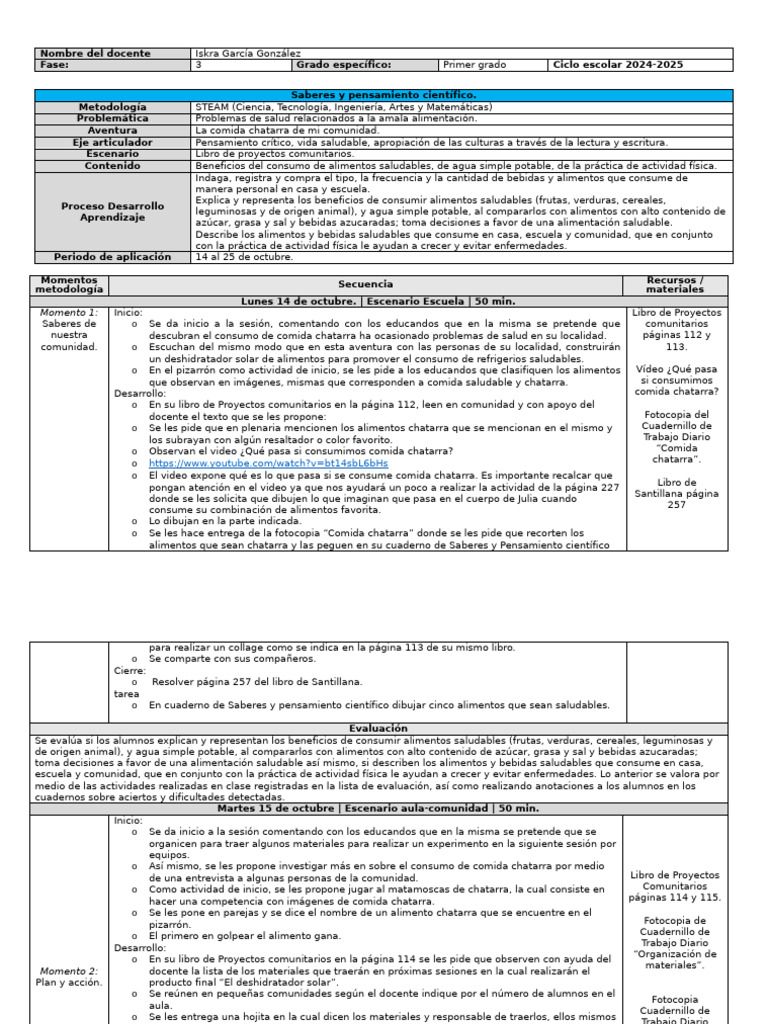 5 Planeación Primer Grado 14-25 Oct | PDF | Alimentos | Comida chatarra