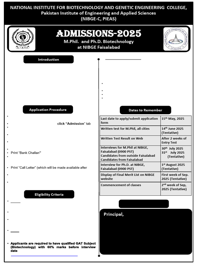 NIBGE-C Admission Advertisement 2025 | PDF | Biotechnology | Biology