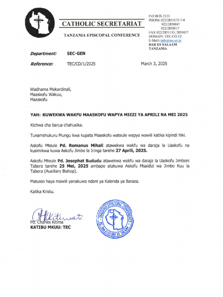 Maaskofu Wapya Kuwekwa Wakfu 2025 | PDF