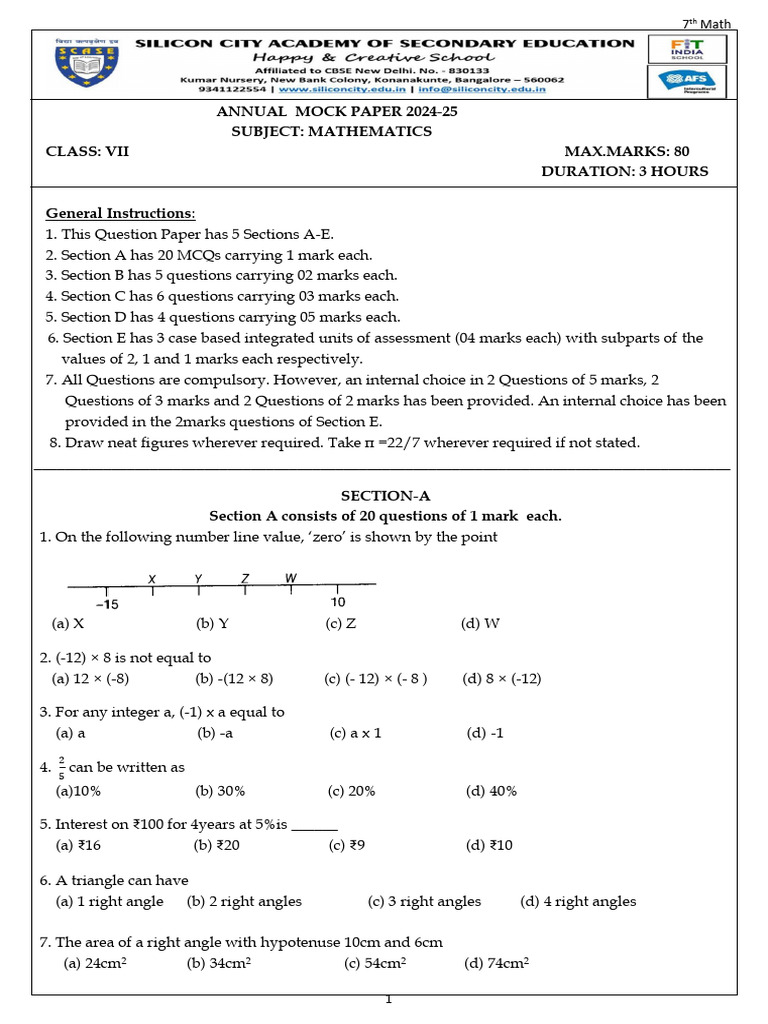 7th Grade Math Annual Mock Paper 2024-25 | PDF | Area | Triangle