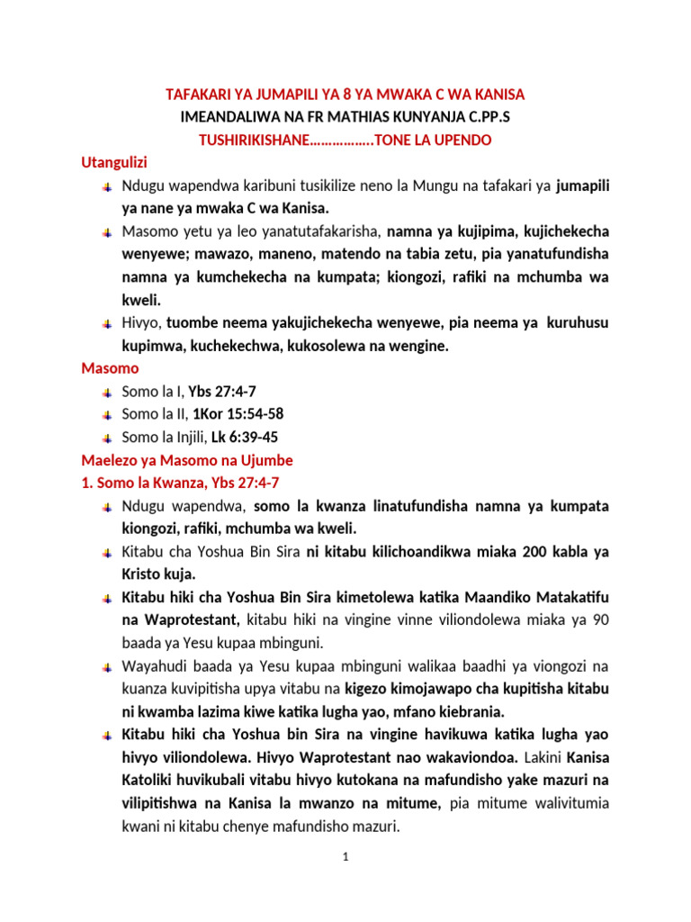 TAFAKARI YA JUMAPILI YA 8 YA MWAKA C WA KANISA-1 | PDF