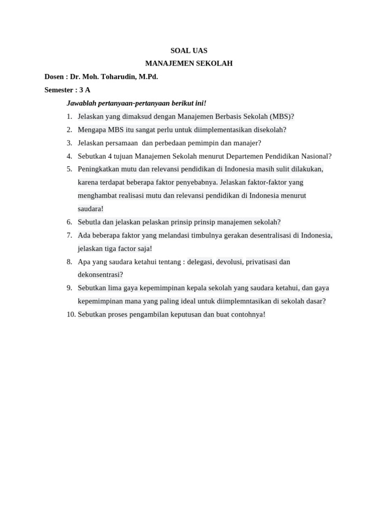 Soal Uas Manajemen Sekolah | PDF
