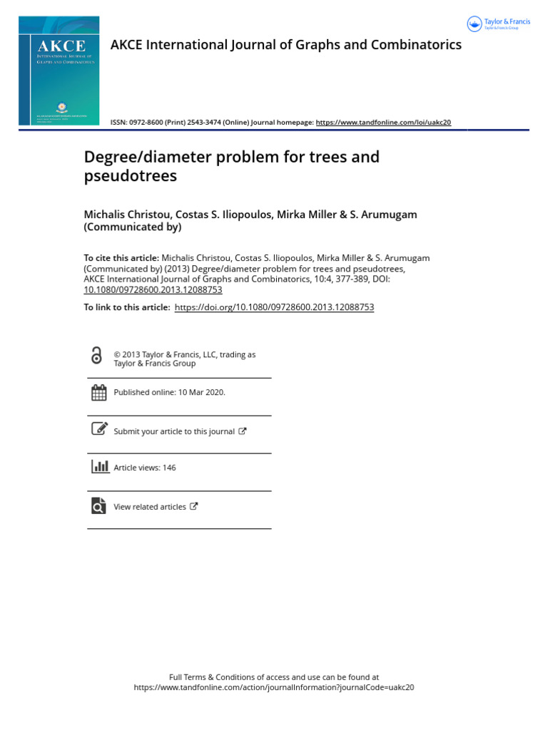 Degree Diameter Problem For Trees and Pseudotrees | PDF | Vertex (Graph Theory) | Combinatorics