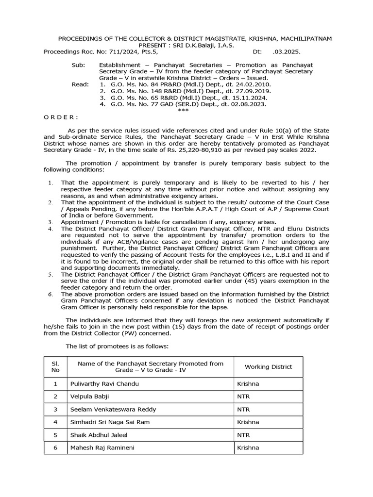 Erstwhile Krishna District PS Grade - V To Grade - IV Promotion ...