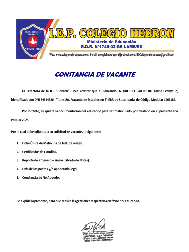 0 Constancia de Vacante Astrid | PDF
