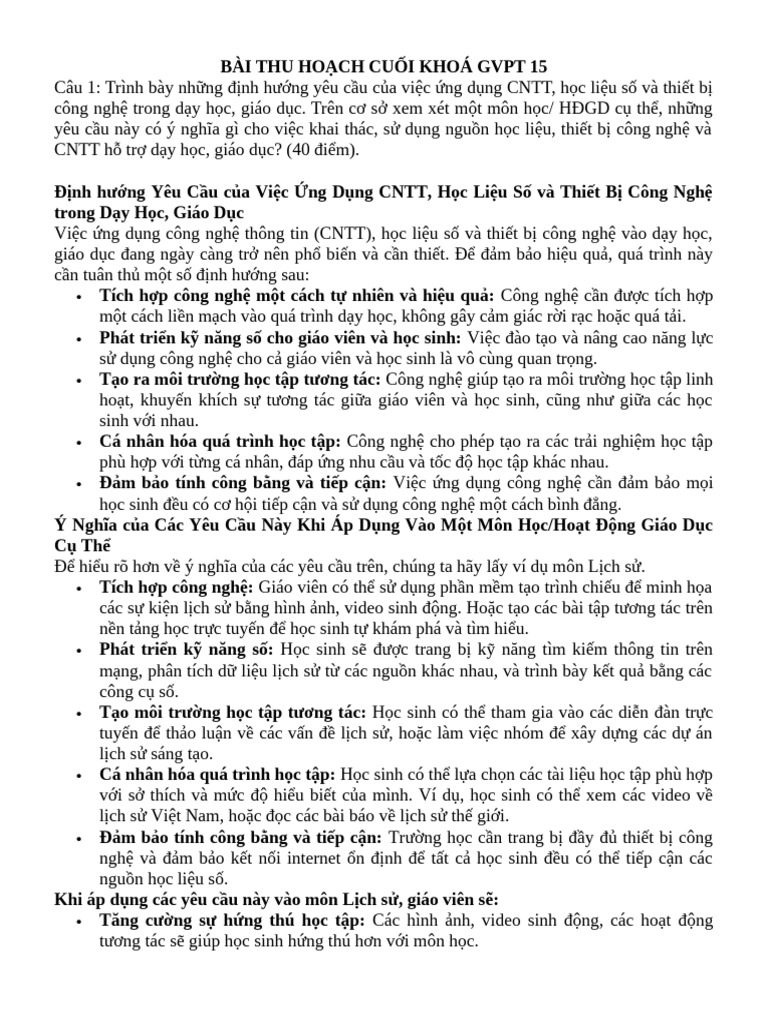 BÀI THU HOẠCH CUỐI KHOÁ GVPT 15 - CÂU 1 | PDF