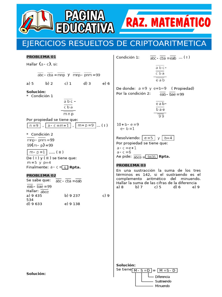 Ejercicios Resueltos de Criptoaritmetica Pagina Educativa | PDF | Sustracción | Aritmética