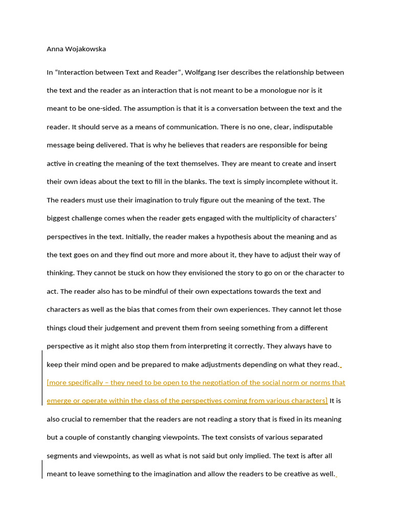Iser's Reader-Text Interaction Explained | PDF | Experience ...