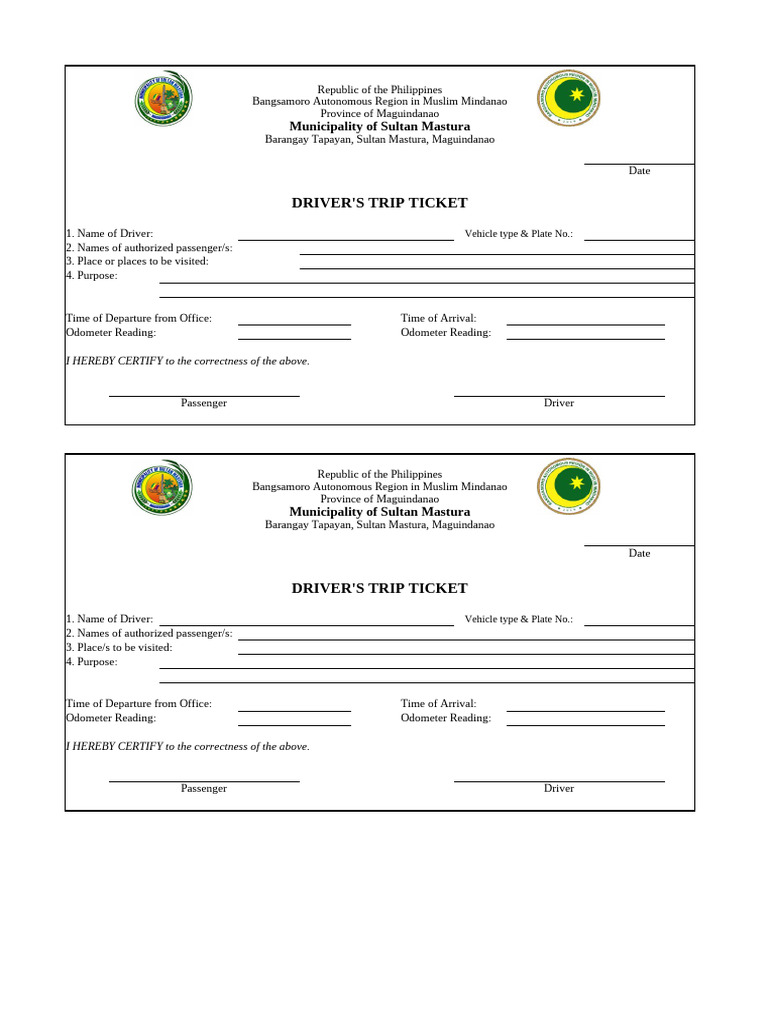 Driver's Trip Ticket Template | PDF