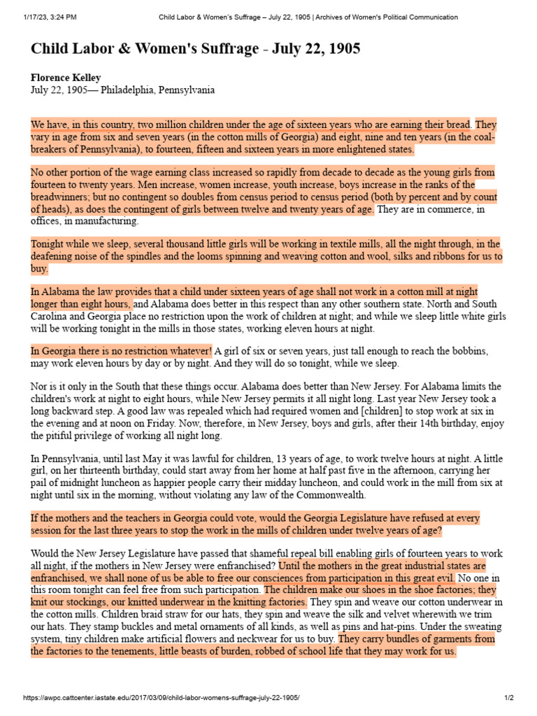 Child Labor & Women's Suffrage - July 22, 1905 - Archives of Women's ...