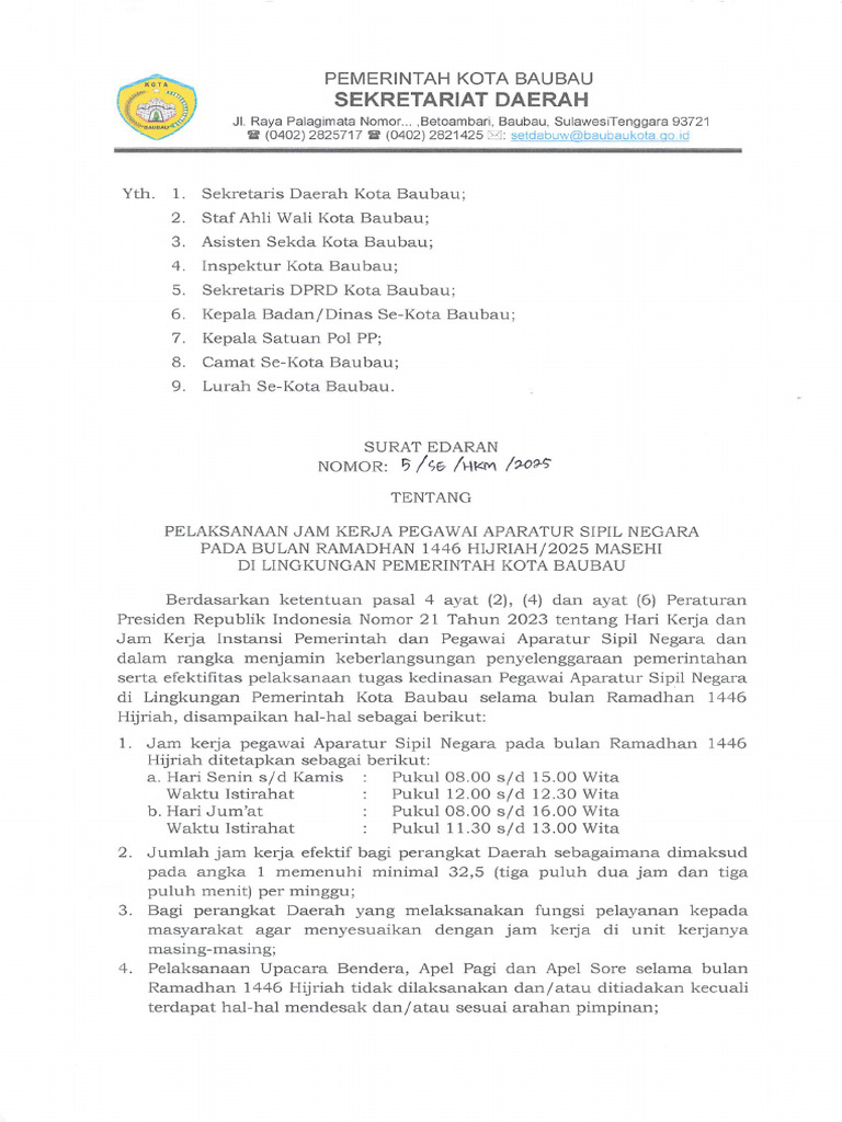 Surat Edaran Jam Kerja Asn Selama Bulan Ramadhan Tahun 2025-1 | PDF