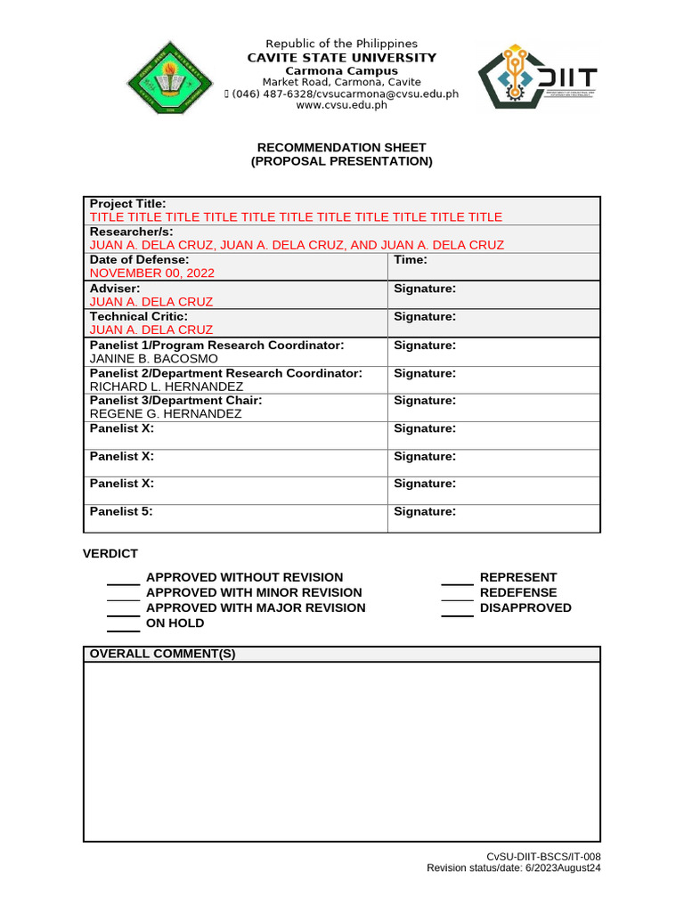 CvSU DIIT BSCSIT 008recommendation Sheet Verdict Form Proposal Rev.6 | PDF