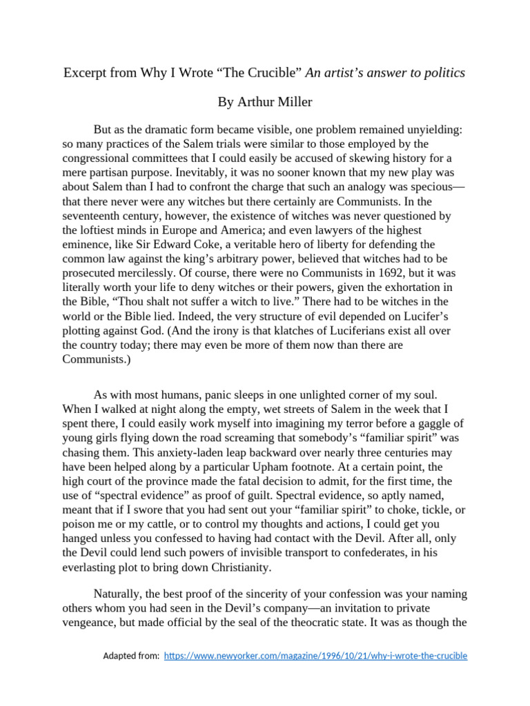 Miller's Reflection on "The Crucible" | PDF