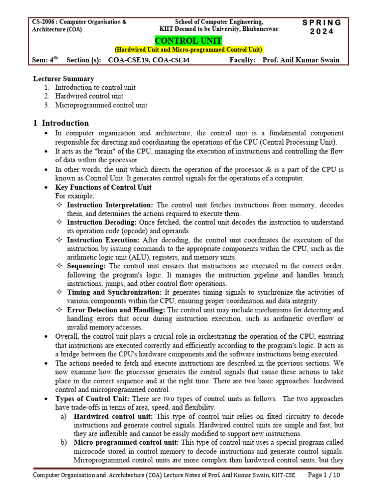 Cu Coa Lect Note | PDF | Central Processing Unit | Digital Electronics Cu Coa Lect Note | PDF | Central Processing Unit | Digital Electronics