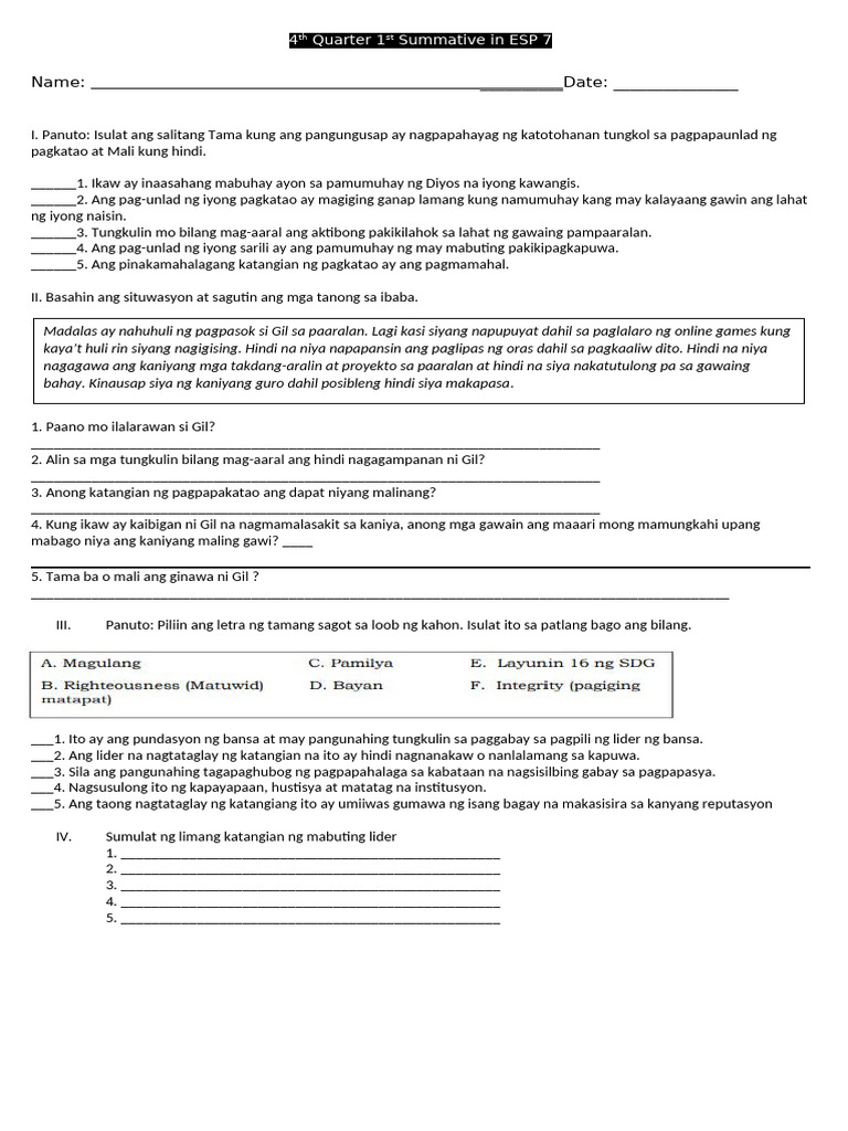 4th Quarter 1st Summative in ESP 7 | PDF