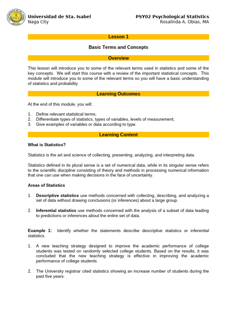 Lesson 1 Basic Statistics Concepts | PDF | Statistics | Level Of Measurement