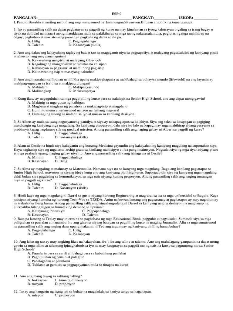 EsP 9 4th Quarter Summative Test NEW | PDF