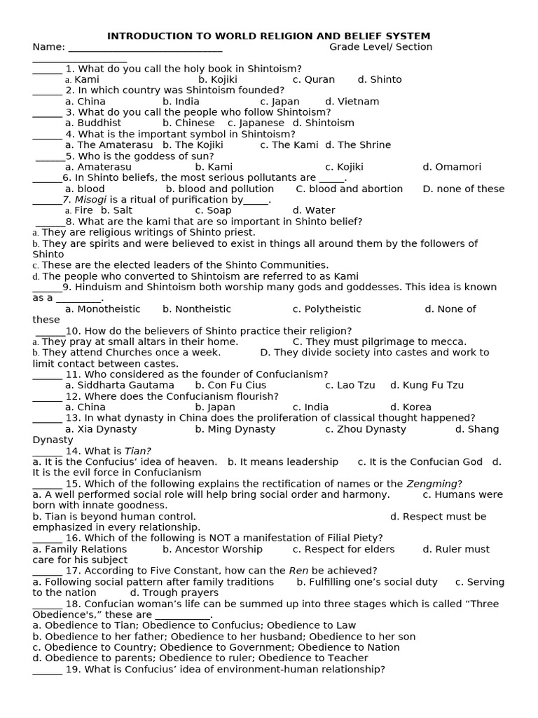Assesment Set A Introduction To World Religion and Belief System | PDF ...