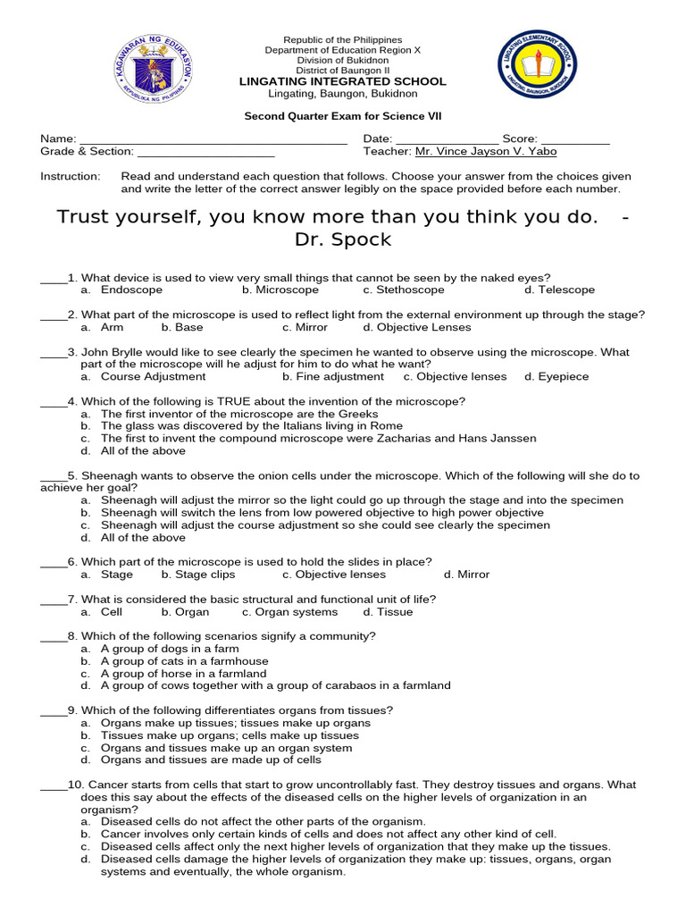 Science VII Second Quarter Exam | PDF | Sexual Reproduction | Cell ...