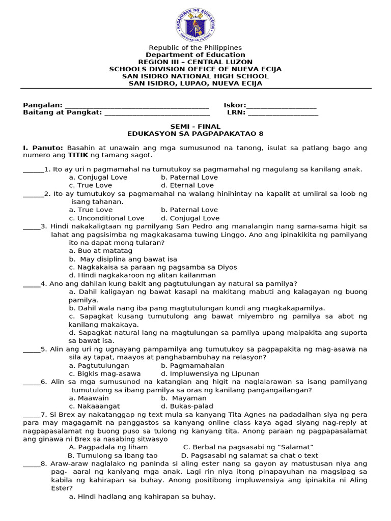 Ikaapat Markahan Pagsusulit g8 Esp | PDF