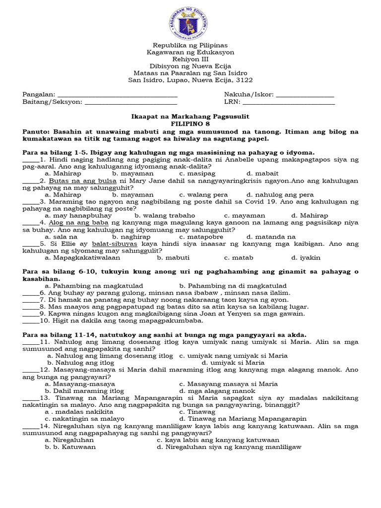 Ikaapat Na Pagsusulit, Filipino 8. | PDF