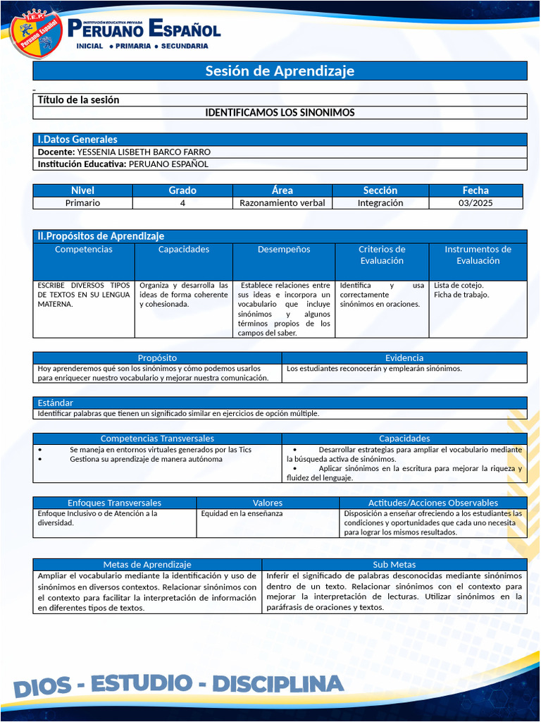 Sesion #1 - Raz. Verbal - Sinonimos | PDF | Evaluación | Aprendizaje