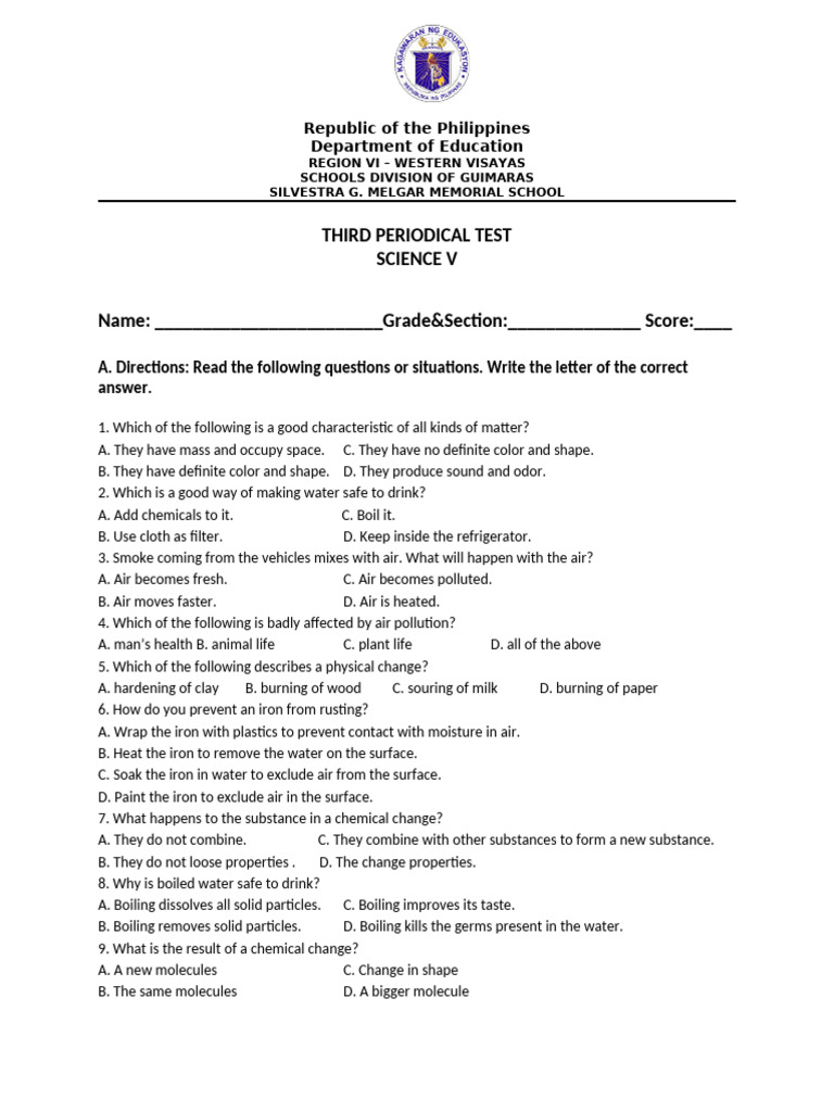 Third Periodical Test Science 5 | PDF | Electricity | Electric Current