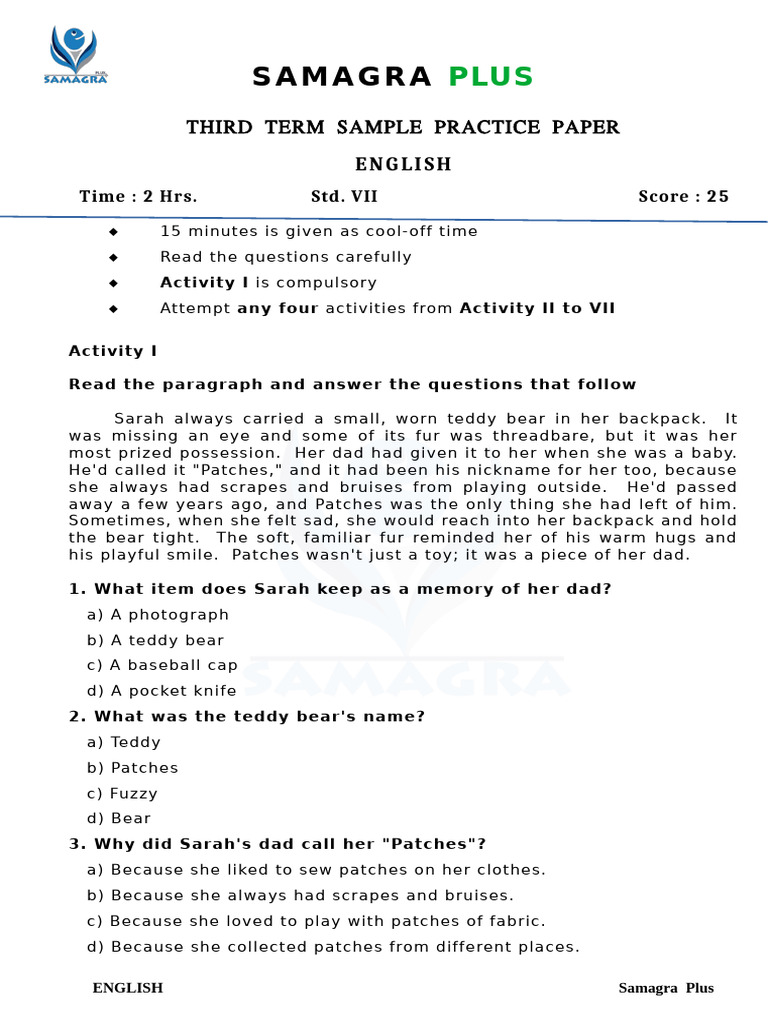 Samagra Annual Exam Model Question Paper With Answer Key STD 7 ...