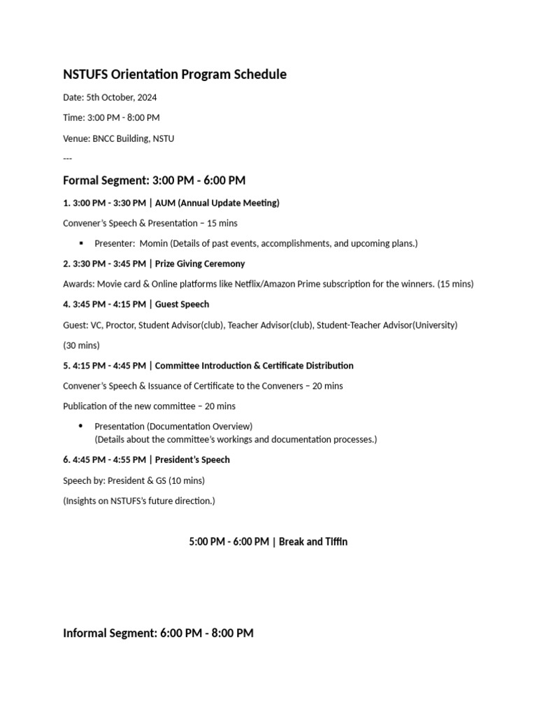 NSTUFS Orientation Program Schedule | PDF