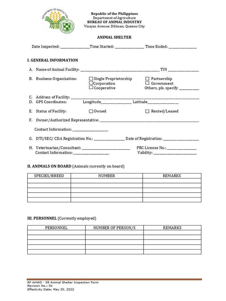 RF Ahwd 58 Animal Shelter Inspection Form | PDF | Surgery