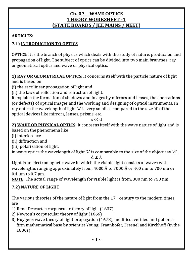 Ch. 07 Wave Optics Theory WorkSheet - 1 | PDF | Light | Electromagnetic ...