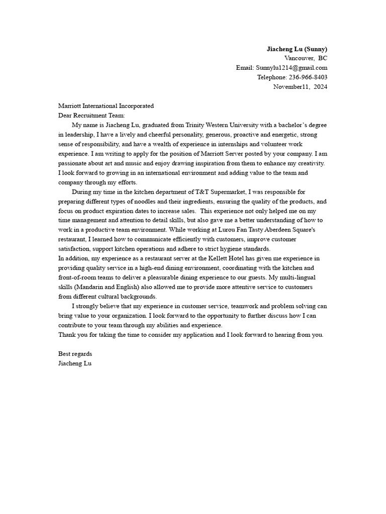 Application for Marriott Server Position | PDF