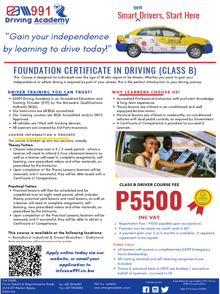 Class B Driving School Gaborone Ea991 Course Information 1 | PDF | Learning