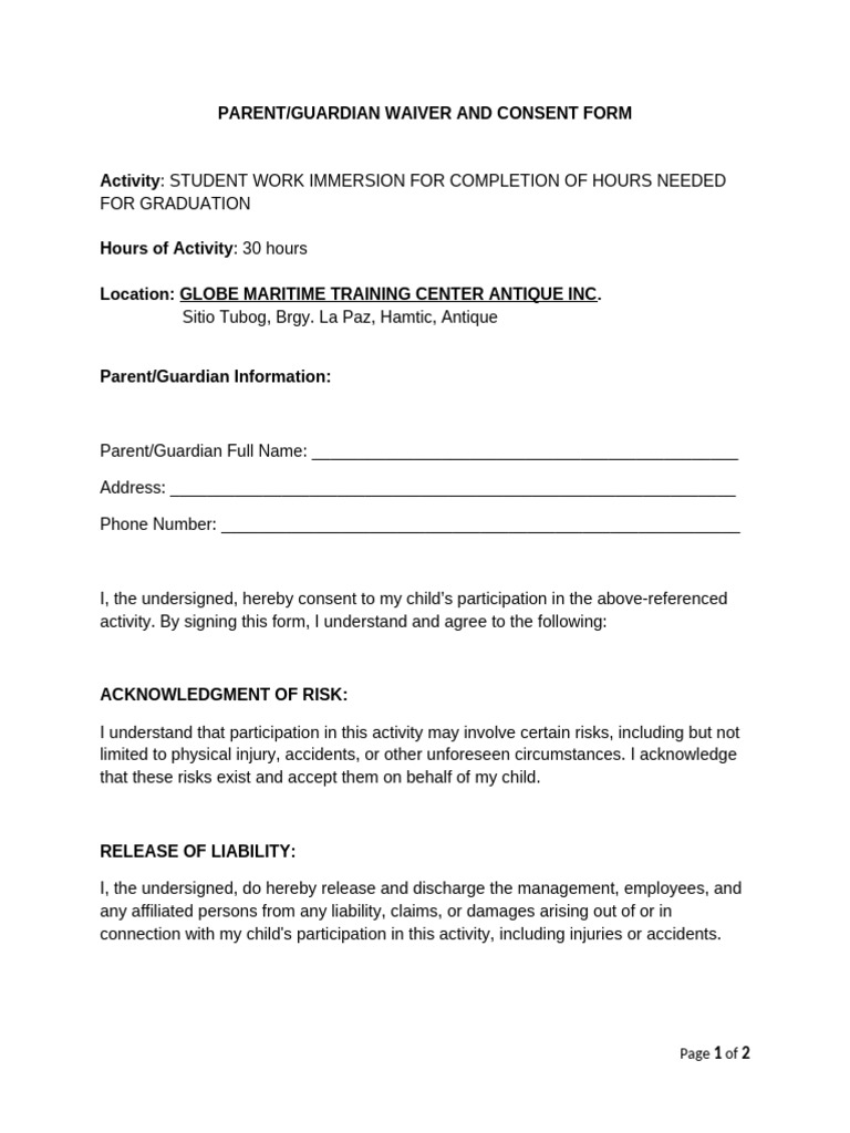 Parent Consent for Student Work Immersion | PDF