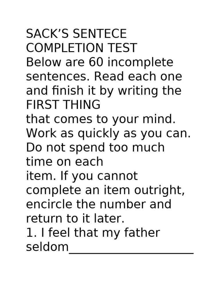 Sack Sentence Completion Test 60 Items | PDF
