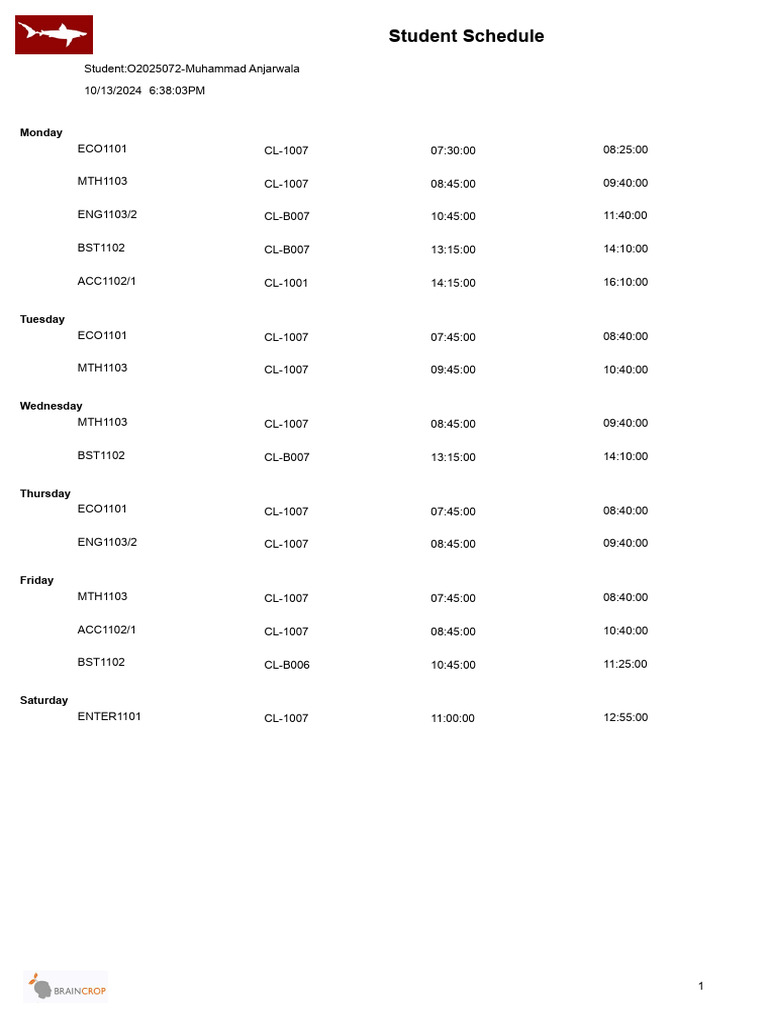 Muhammad Anjarwala's Class Schedule | PDF