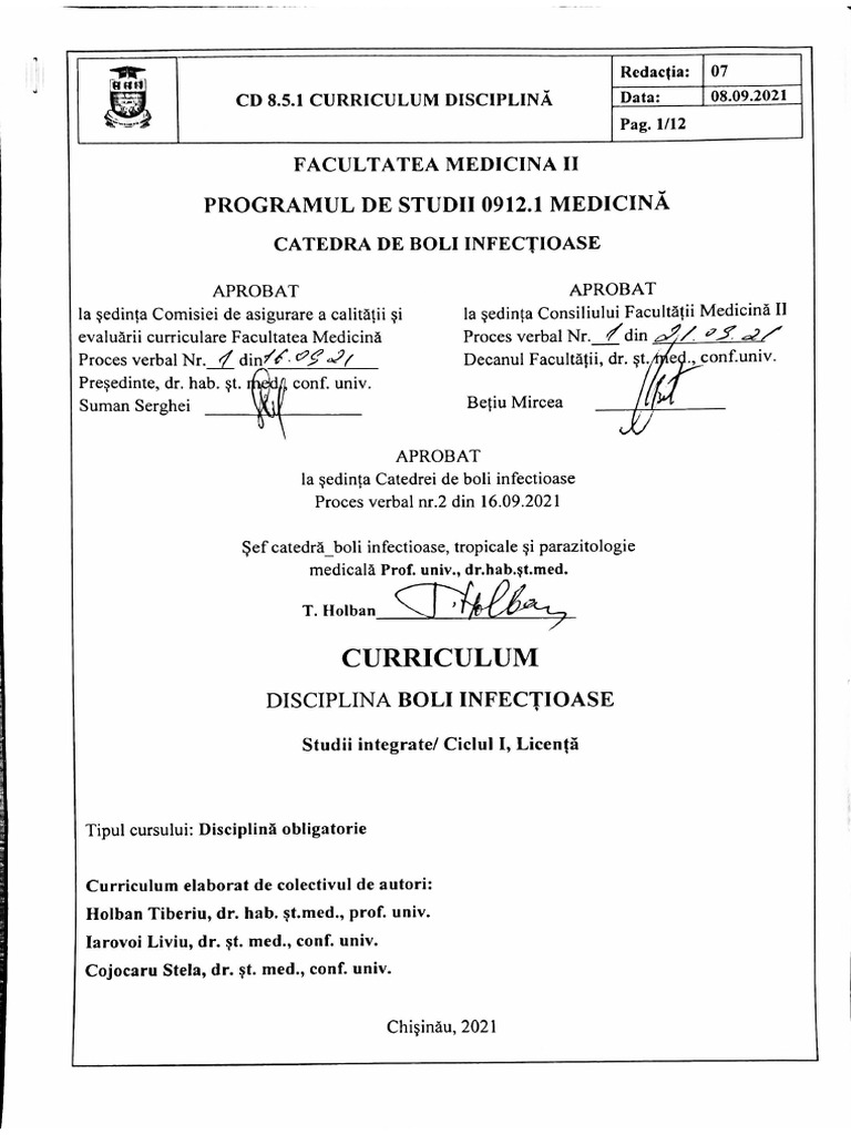 Curriculum Boli Infectioase. Facultatea Medicina II. Ro | PDF