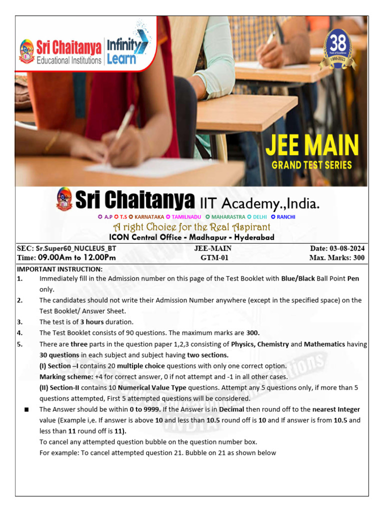 03 08 2024 SR - Super60 Nucleus BT Jee Main GTM 01 Q.paper | PDF | Photoelectric Effect | Amine